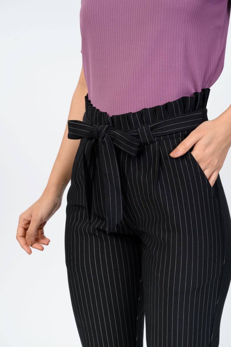 Ladies High Waist Stripe Pant with Ruffled Waist & Self Belt - Altruism Fashion LLP