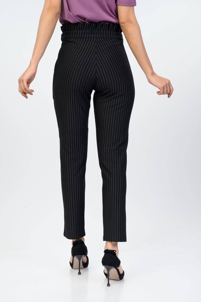 Ladies High Waist Stripe Pant with Ruffled Waist & Self Belt - Altruism Fashion LLP