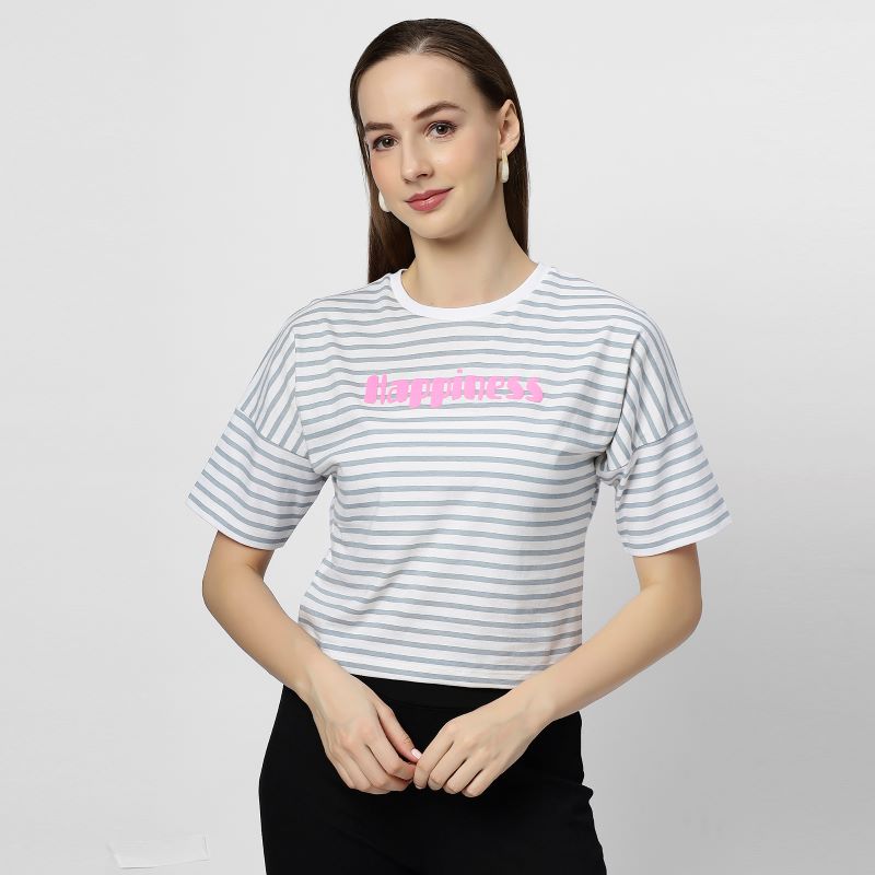 Ladies Drop Shoulder T-Shirt with Grey White Stripes - Altruism Fashion LLP